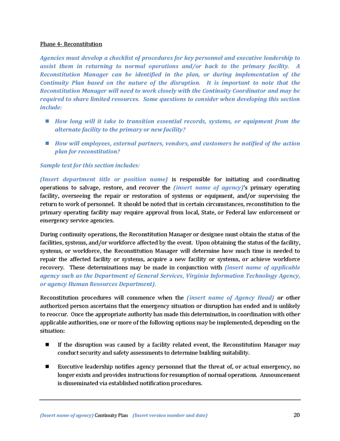 Continuity plan template for institutions of higher education in Word ...