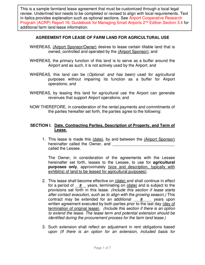 Agreement for lease of farm land used by airport for agricultural use ...