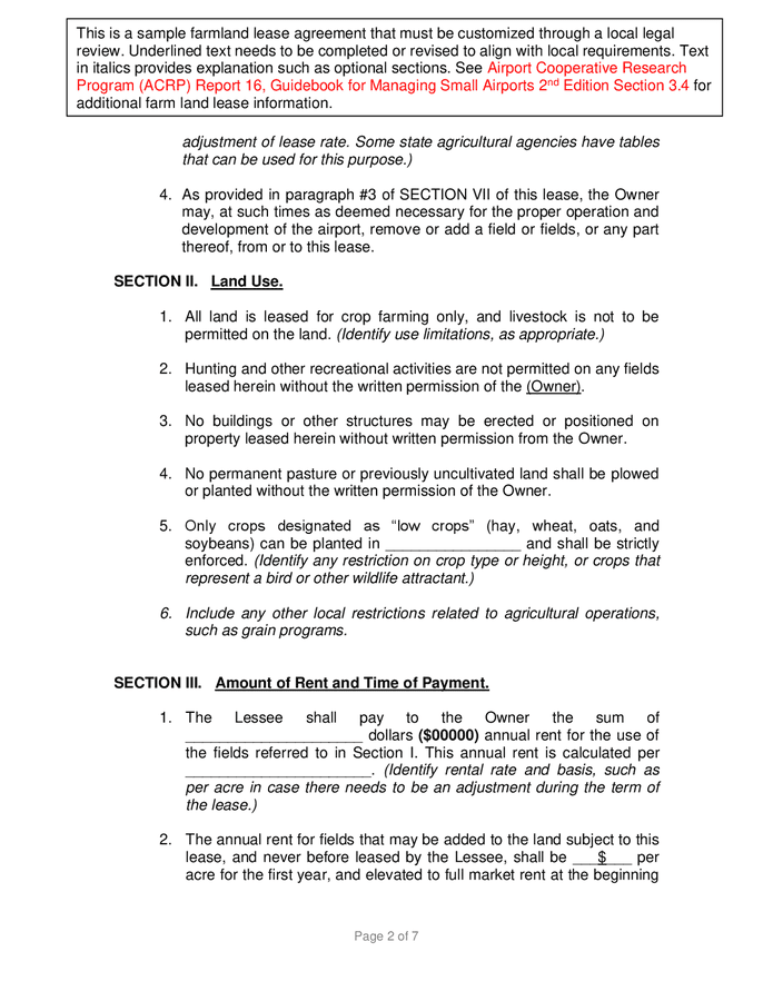 Agreement for lease of farm land used by airport for agricultural use ...