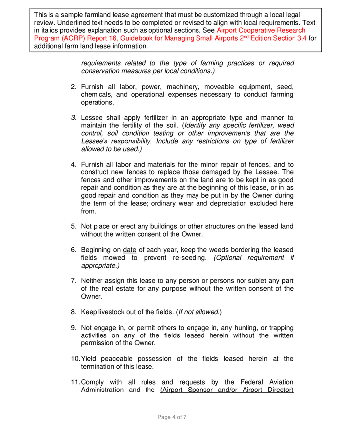 Agreement for lease of farm land used by airport for agricultural use ...