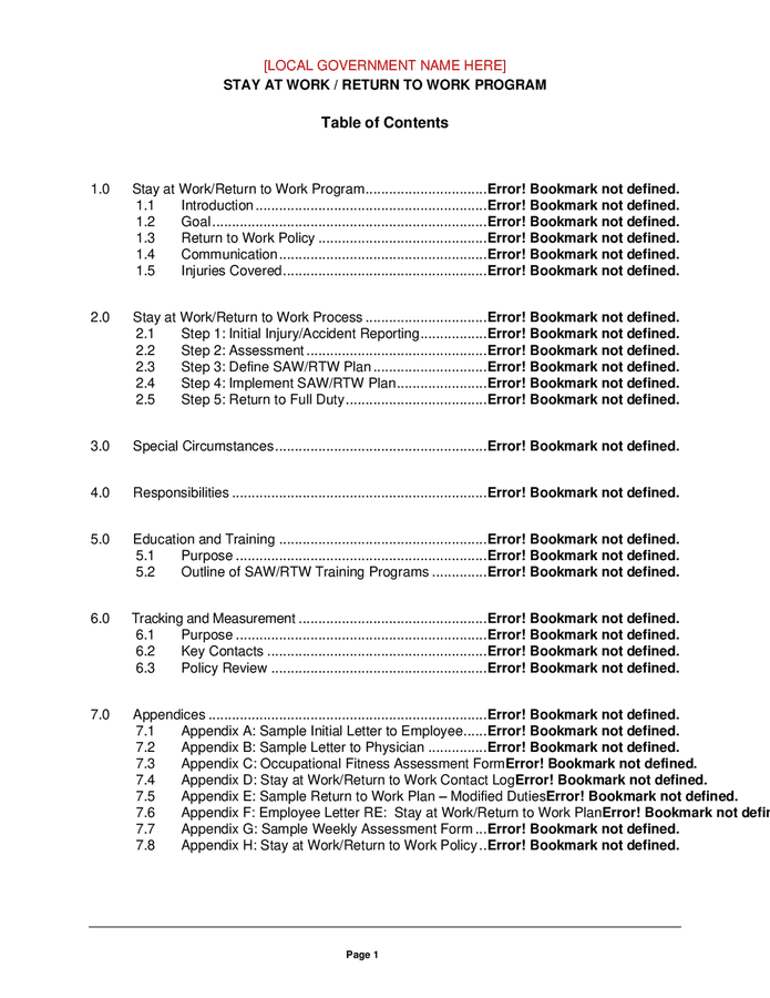 Stay at work / return to work plan template in Word and Pdf formats