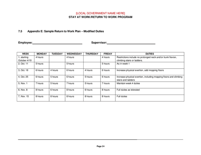 Stay at work / return to work plan template in Word and Pdf formats ...
