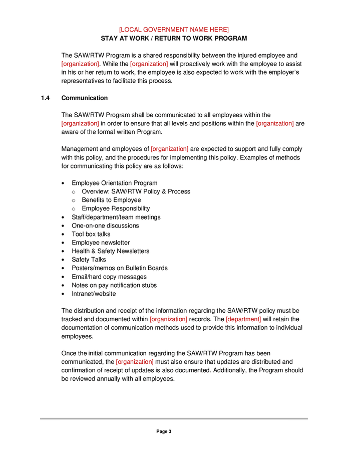 Stay at work / return to work plan template in Word and Pdf formats ...