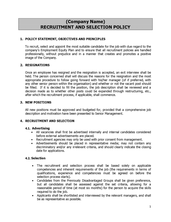 Recruitment And Selection Policy Template South Africa In Word And