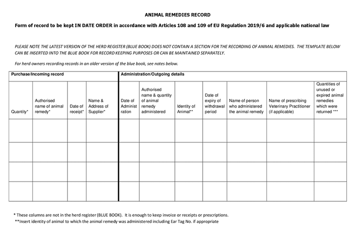 Animal remedies record form in Word and Pdf formats