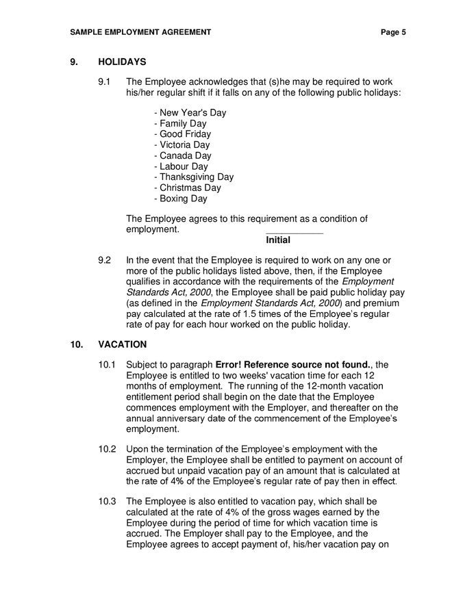 Sample employment agreement in Word and Pdf formats - page 5 of 10
