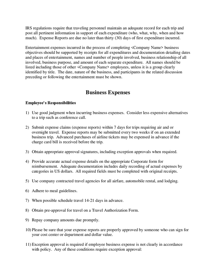 Travel And Expense Policy Template In Word And Pdf Formats Page 7 Of 9