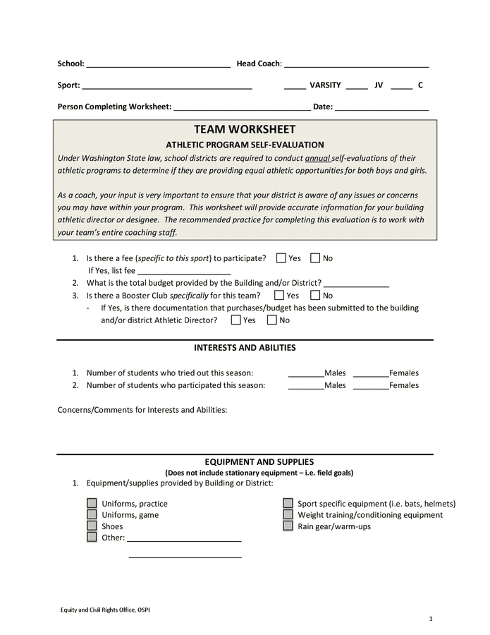 Team worksheet template in Word and Pdf formats