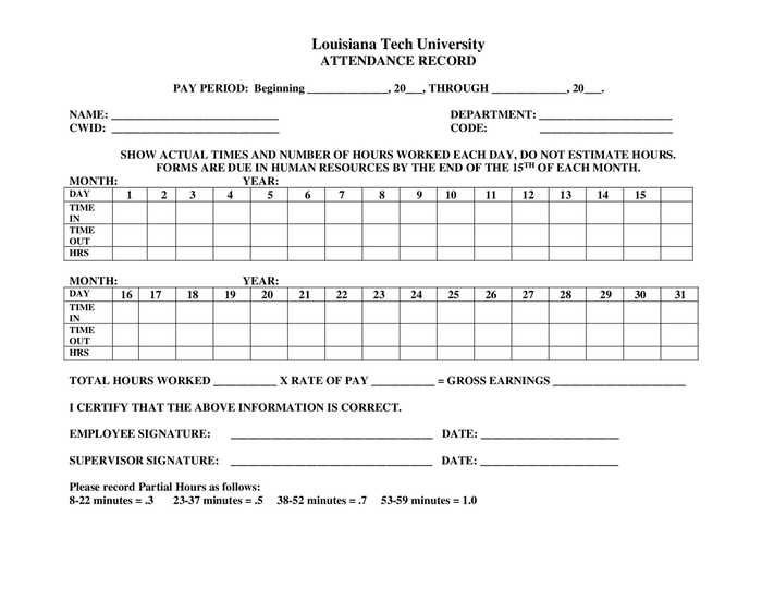 University attendance record sheet in Word and Pdf formats