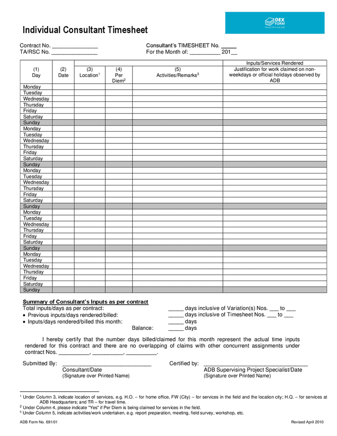 Individual Consultant Timesheet In Word And Pdf Formats