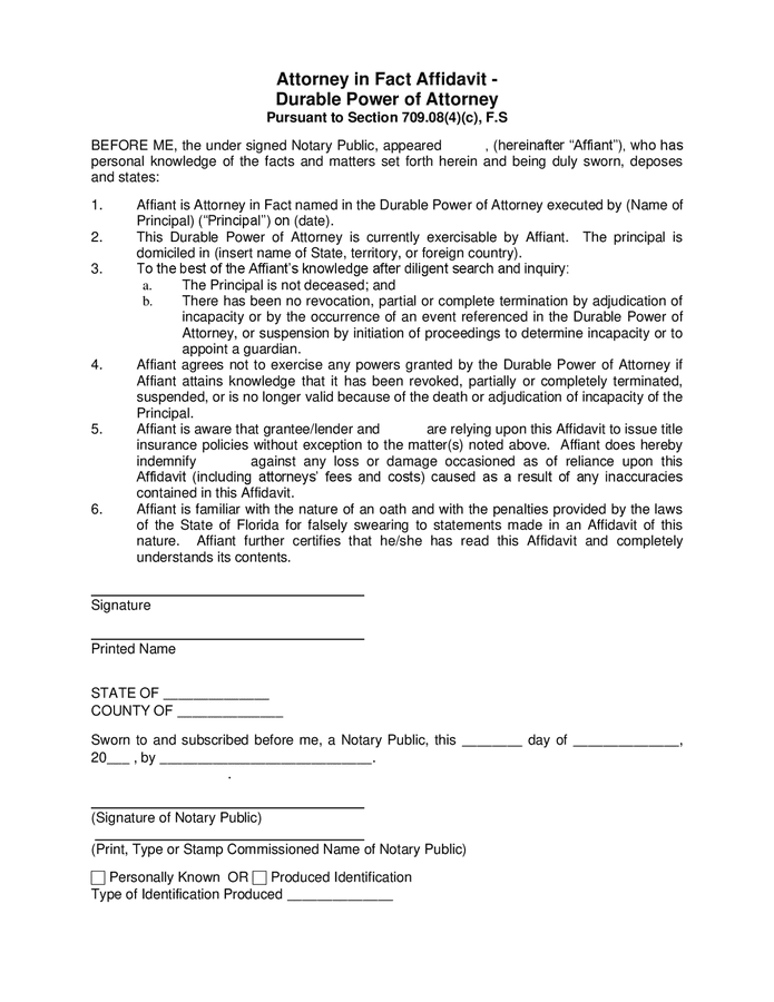 Power of attorney durable affidavit (Florida) in Word and Pdf formats Power of attorney durable affidavit (Florida) in Word and Pdf formats