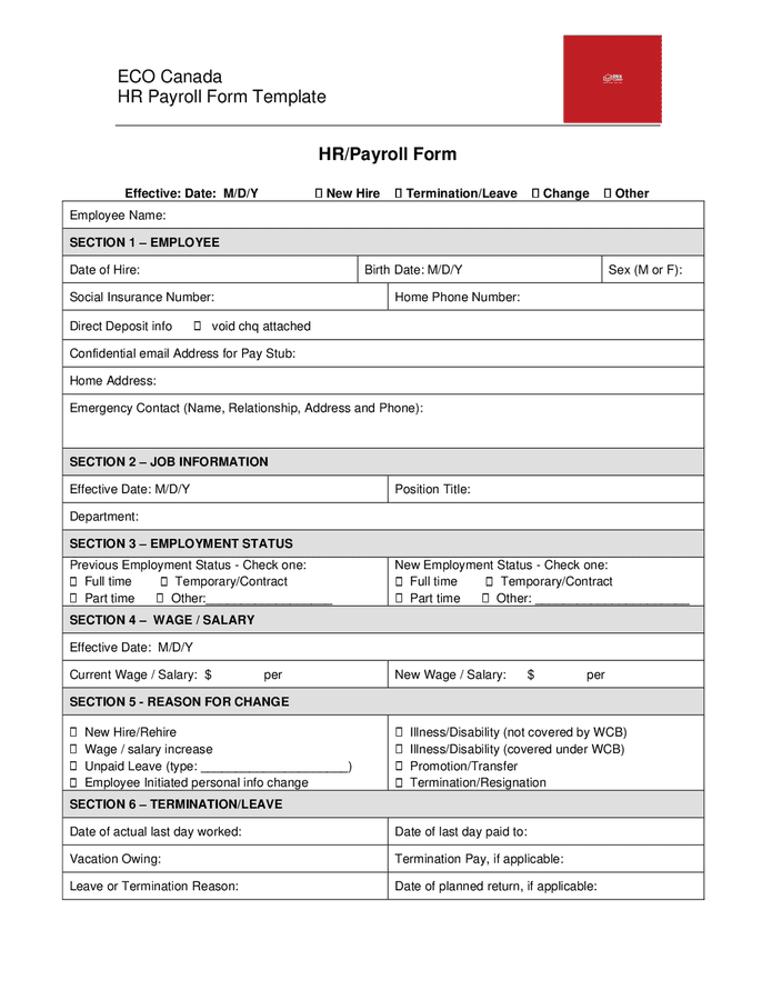 HR payroll form template in Word and Pdf formats