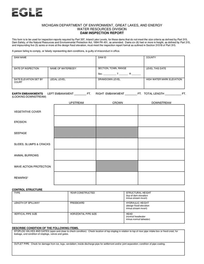 Dam inspection report template (Michigan) in Word and Pdf formats