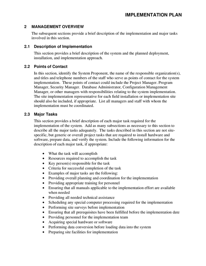Implementation plan template in Word and Pdf formats - page 2 of 7