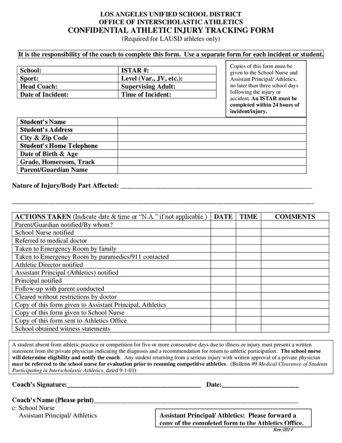 Athletic injury tracking form (California) in Word and Pdf formats