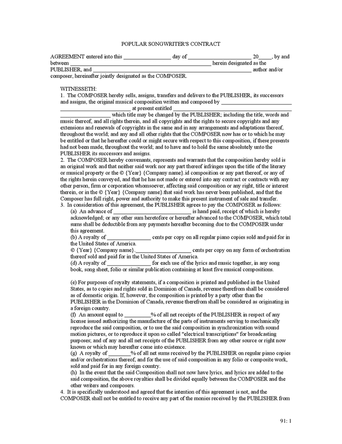 Popular songwriter's contract in Word and Pdf formats