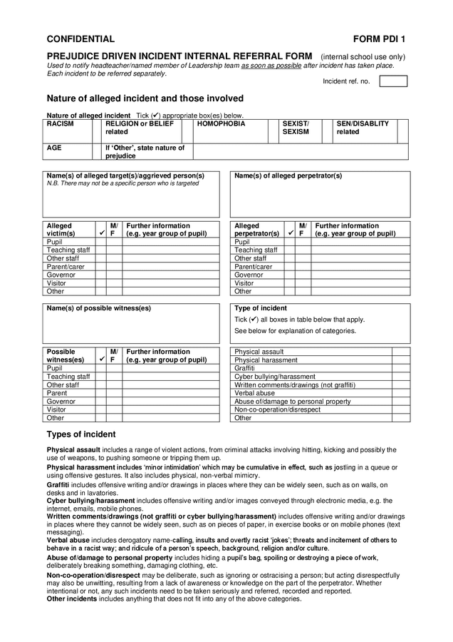 Prejudice driven incident internal referral form in Word and Pdf formats