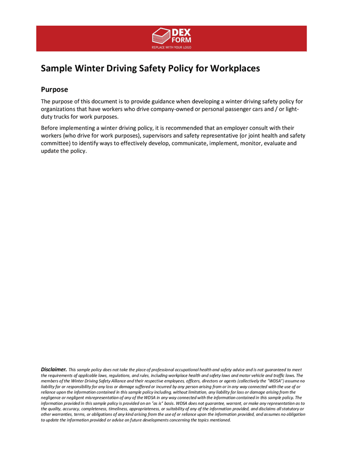 Winter driving safety policy sample in Word and Pdf formats