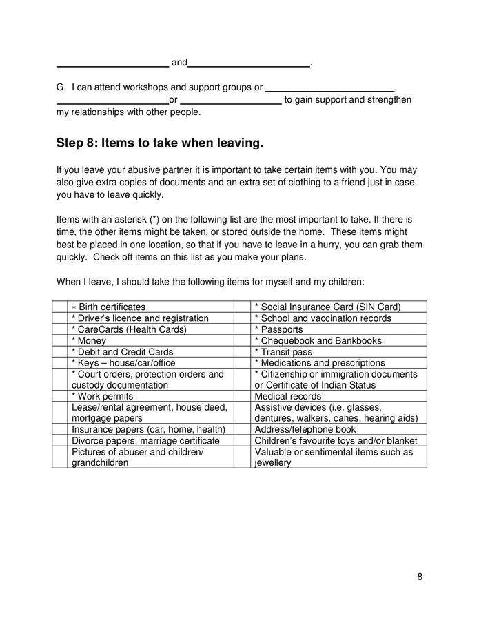 Personalized safety plan (British Columbia, Canada) in Word and Pdf ...