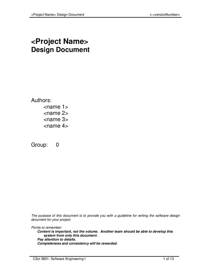 Project name design document in Word and Pdf formats