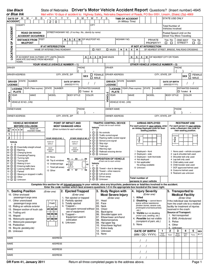 Driver's motor vehicle accident report (Nebraska) in Word and Pdf ...