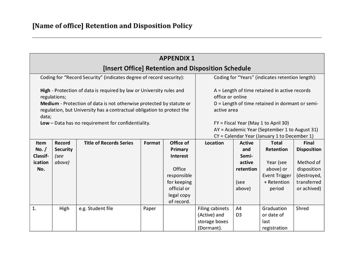 Retention and disposition policy template in Word and Pdf formats ...