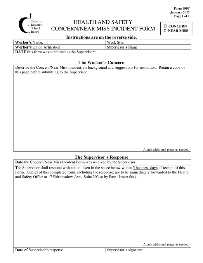 Health and safety concern / near miss incident form in Word and Pdf formats