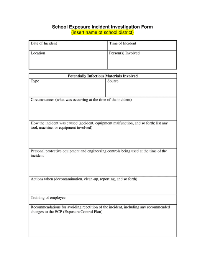 School exposure incident investigation form in Word and Pdf formats
