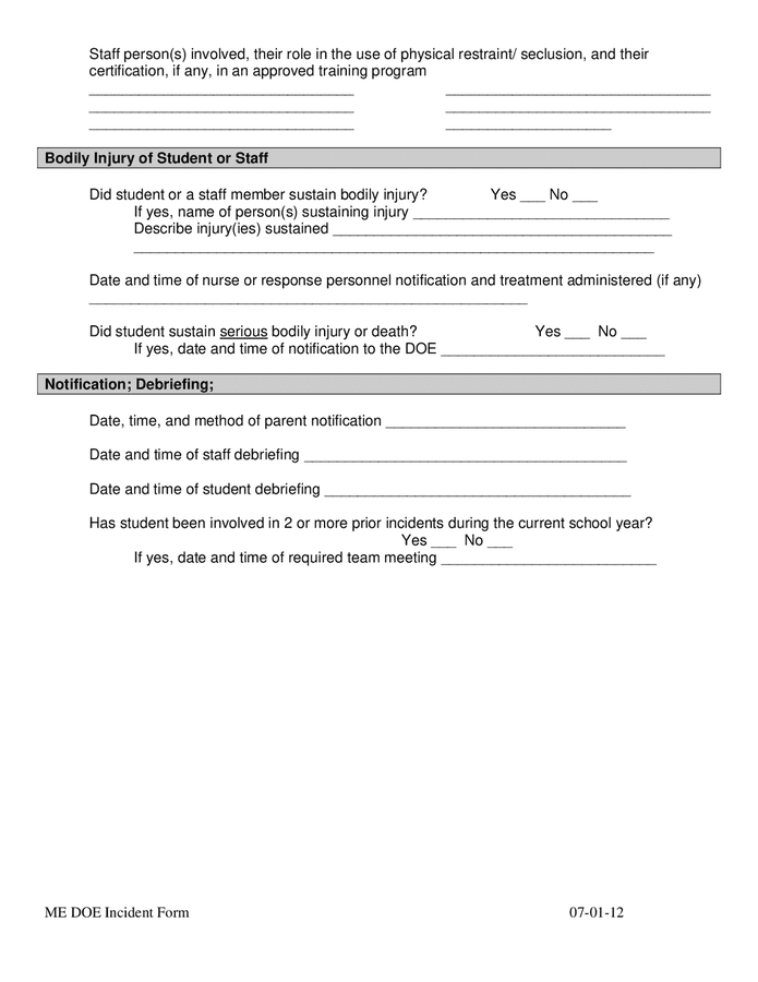 Student incident report form (Maine) in Word and Pdf formats - page 2 of 2