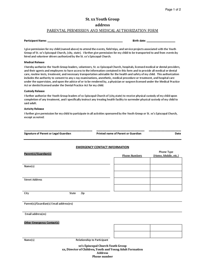 Parental permission and medical authorization form in Word and Pdf formats