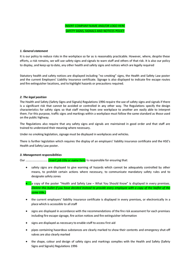 Safety signs and notices policy in Word and Pdf formats
