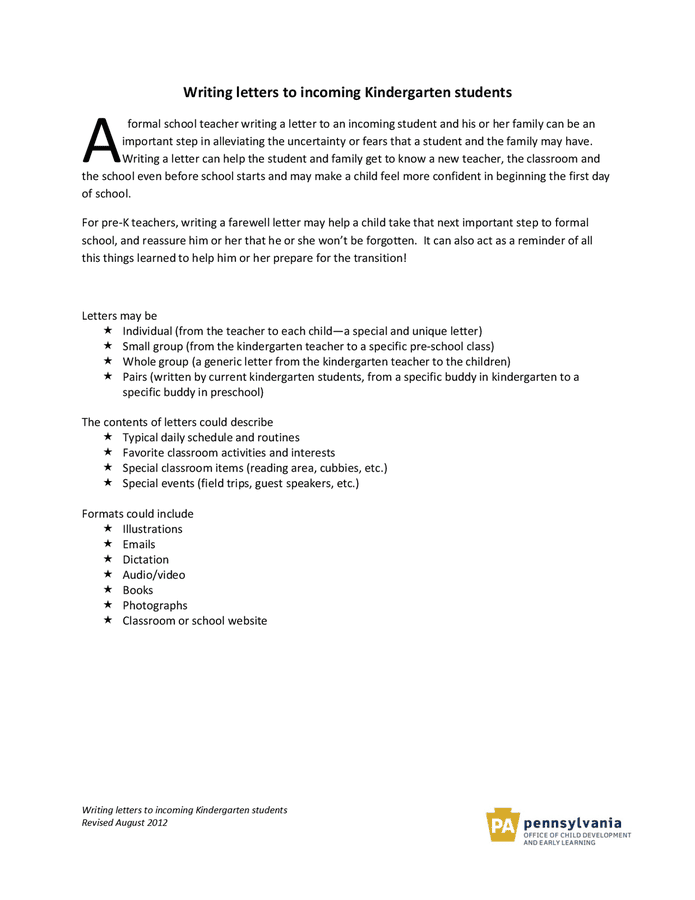 Sample letters to incoming kindergarten students in Word and Pdf formats