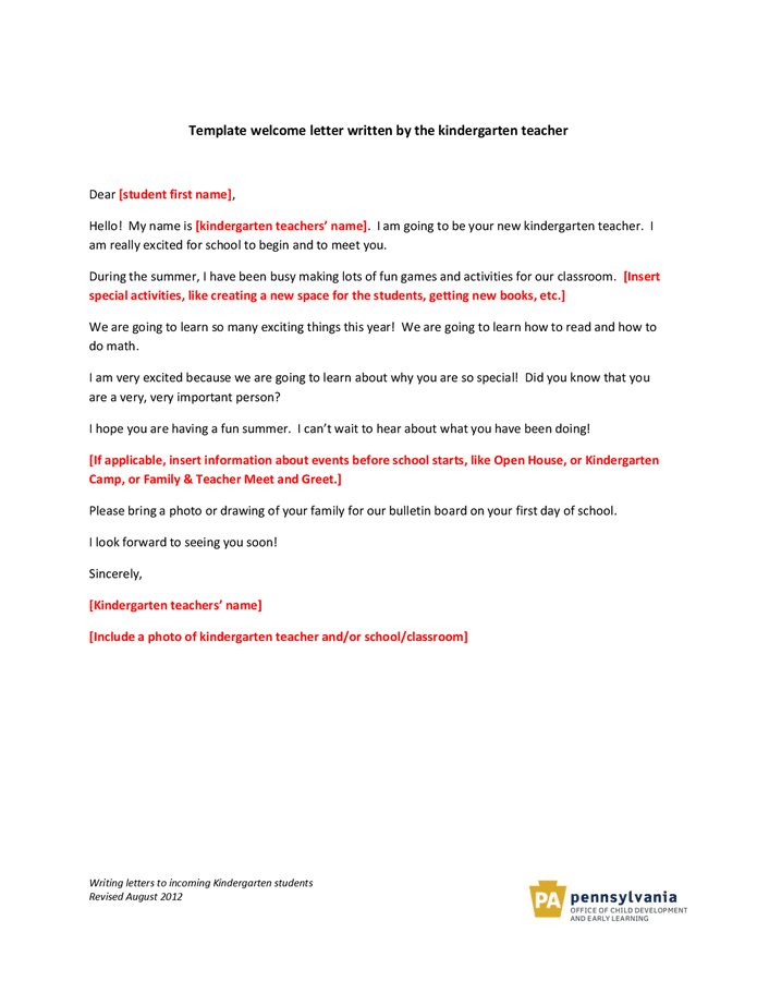 Sample letters to incoming kindergarten students in Word and Pdf ...