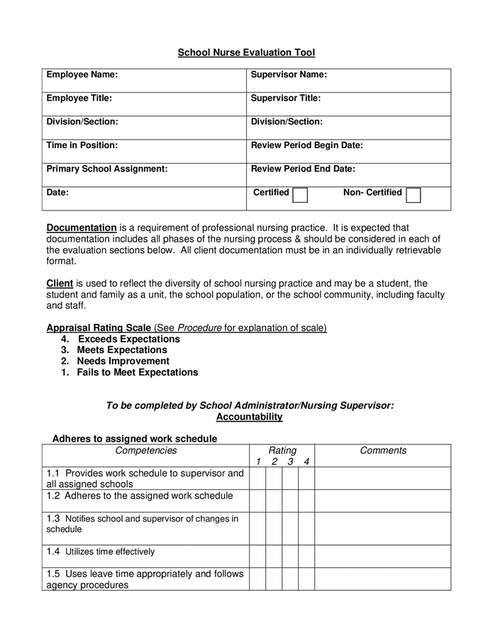 School nurse evaluation tool in Word and Pdf formats