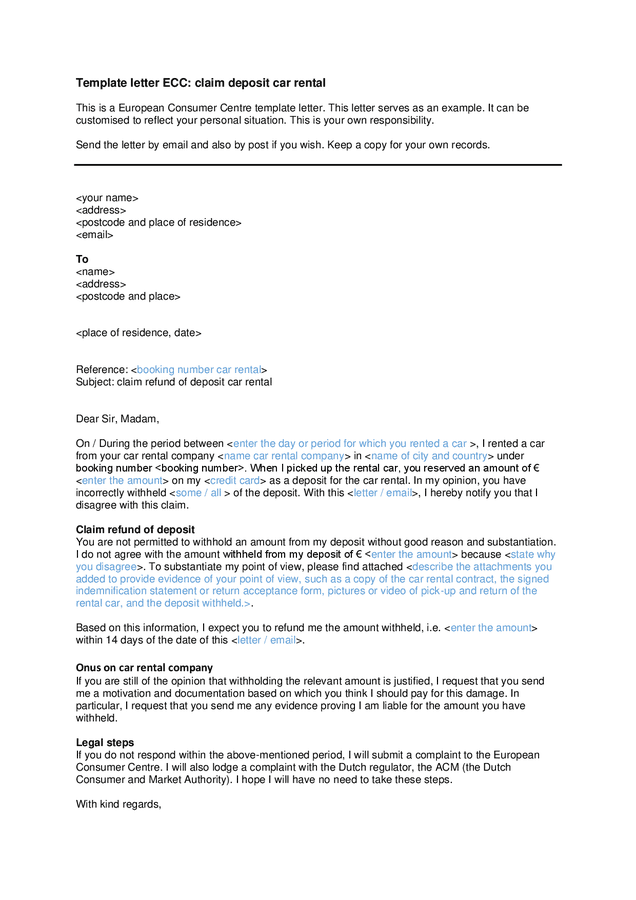 Claim Deposit Car Rental Template In Word And Pdf Formats