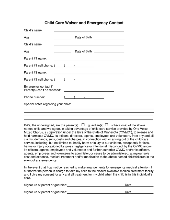 Child care waiver and emergency contact form in Word and Pdf formats