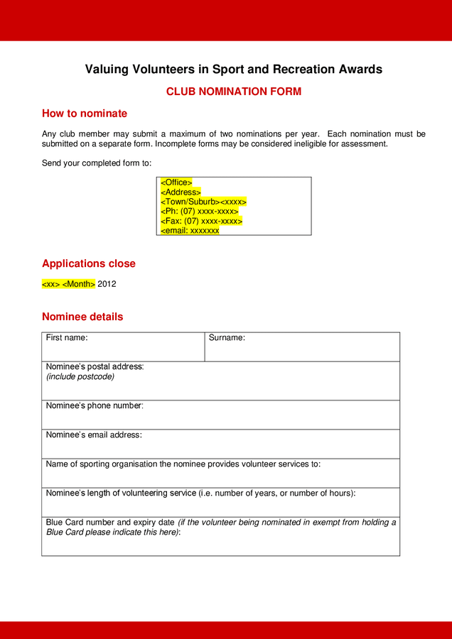 Sport club nomination form template in Word and Pdf formats