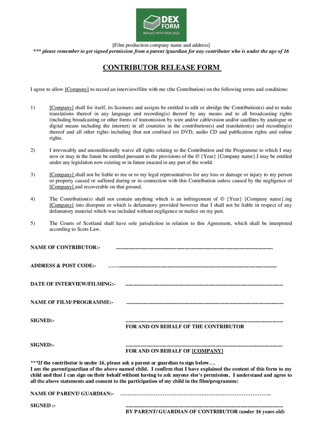 Contributor (under the age of 16) release form template in Word and Pdf formats