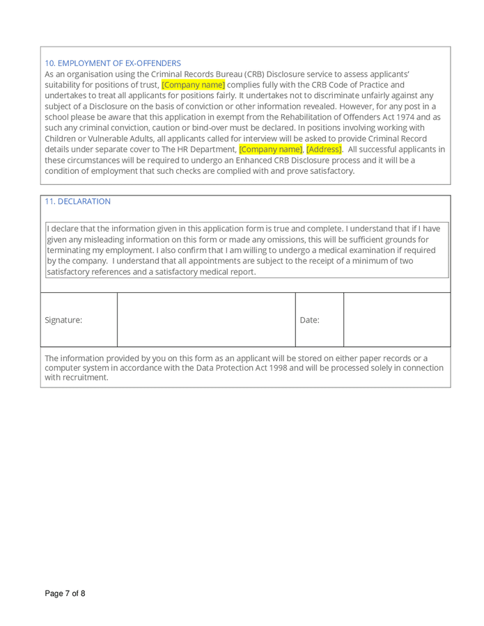 Application form sample (UK) in Word and Pdf formats - page 7 of 8