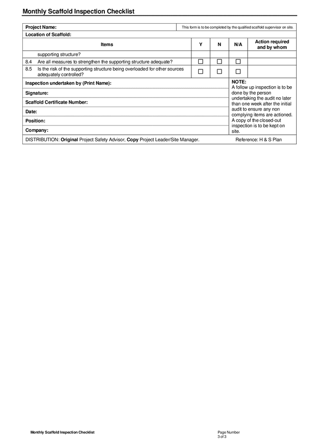 Monthly scaffold inspection checklist in Word and Pdf formats - page 3 of 3
