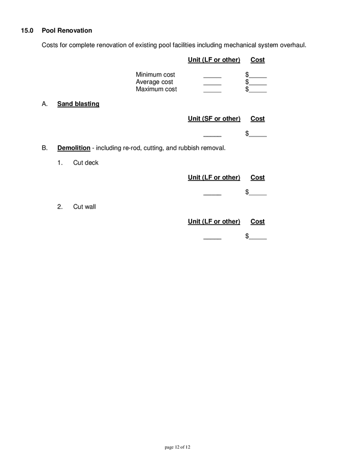 Pool construction cost estimating model in Word and Pdf formats - page ...