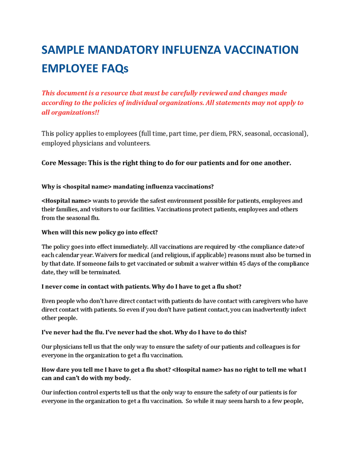 Sample mandatory influenza vaccination employee FAQs in Word and Pdf ...
