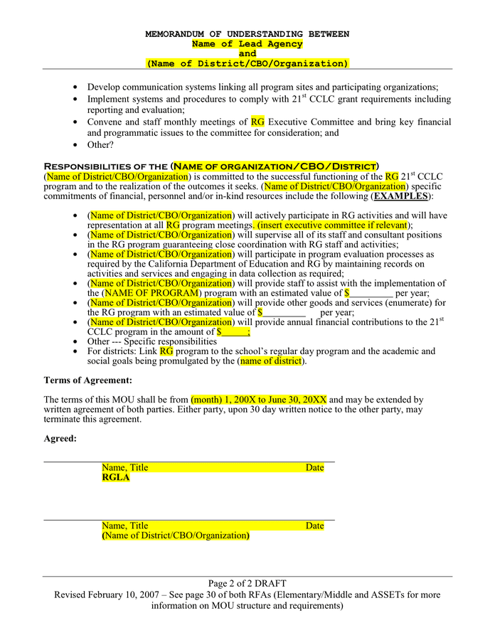 Memorandum of understanding in Word and Pdf formats - page 2 of 2