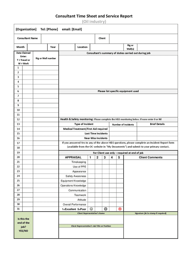 Consultant time sheet and service report - oil industry in Word and Pdf ...