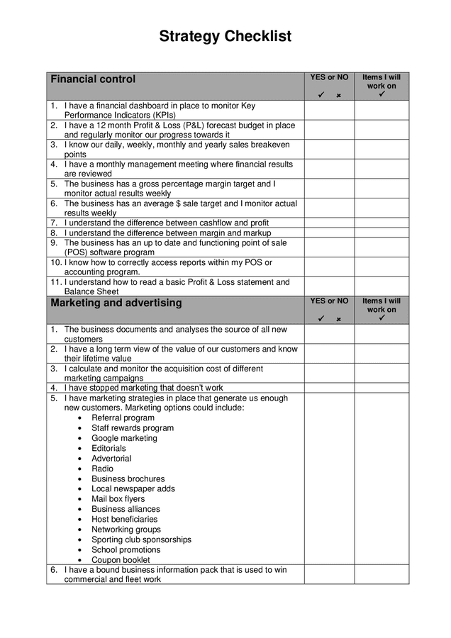 Company strategy checklist template in Word and Pdf formats