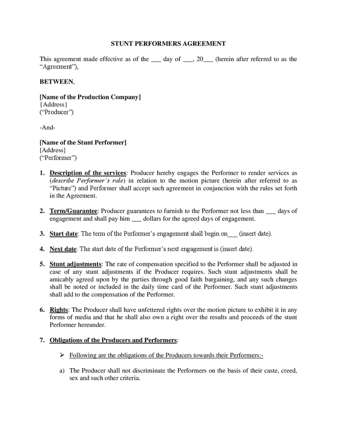 Stunt performers agreement template in Word and Pdf formats