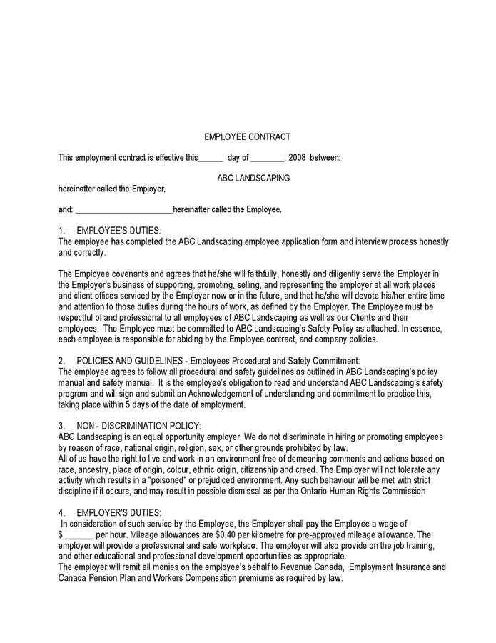 Landscaping compay employee contract sample in Word and Pdf formats